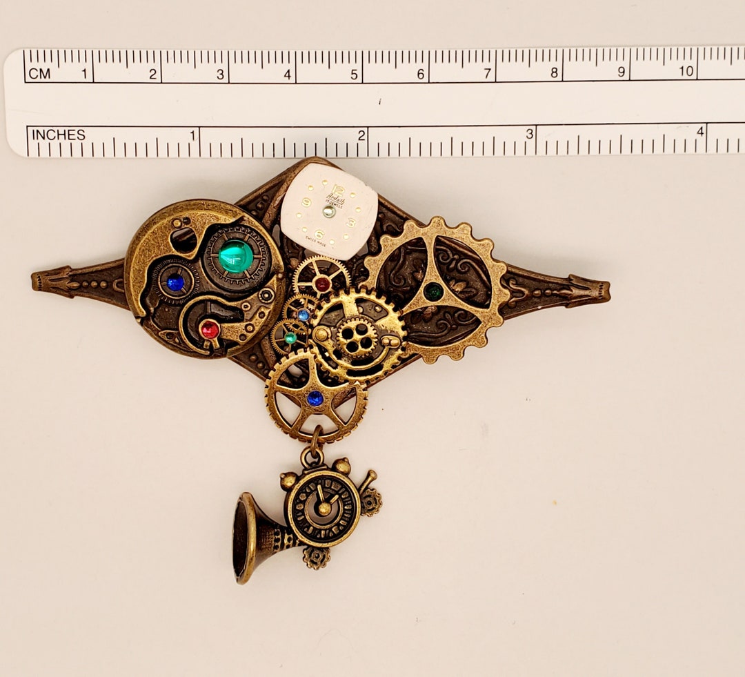 Steampunk Brooch in Antique Brass Tone With Gears, Crystals, Watch Face ...