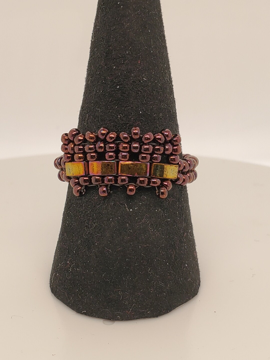 Crown-like Ring of Half Tila Beads in Iridescent Gold and Dark Mulberry ...