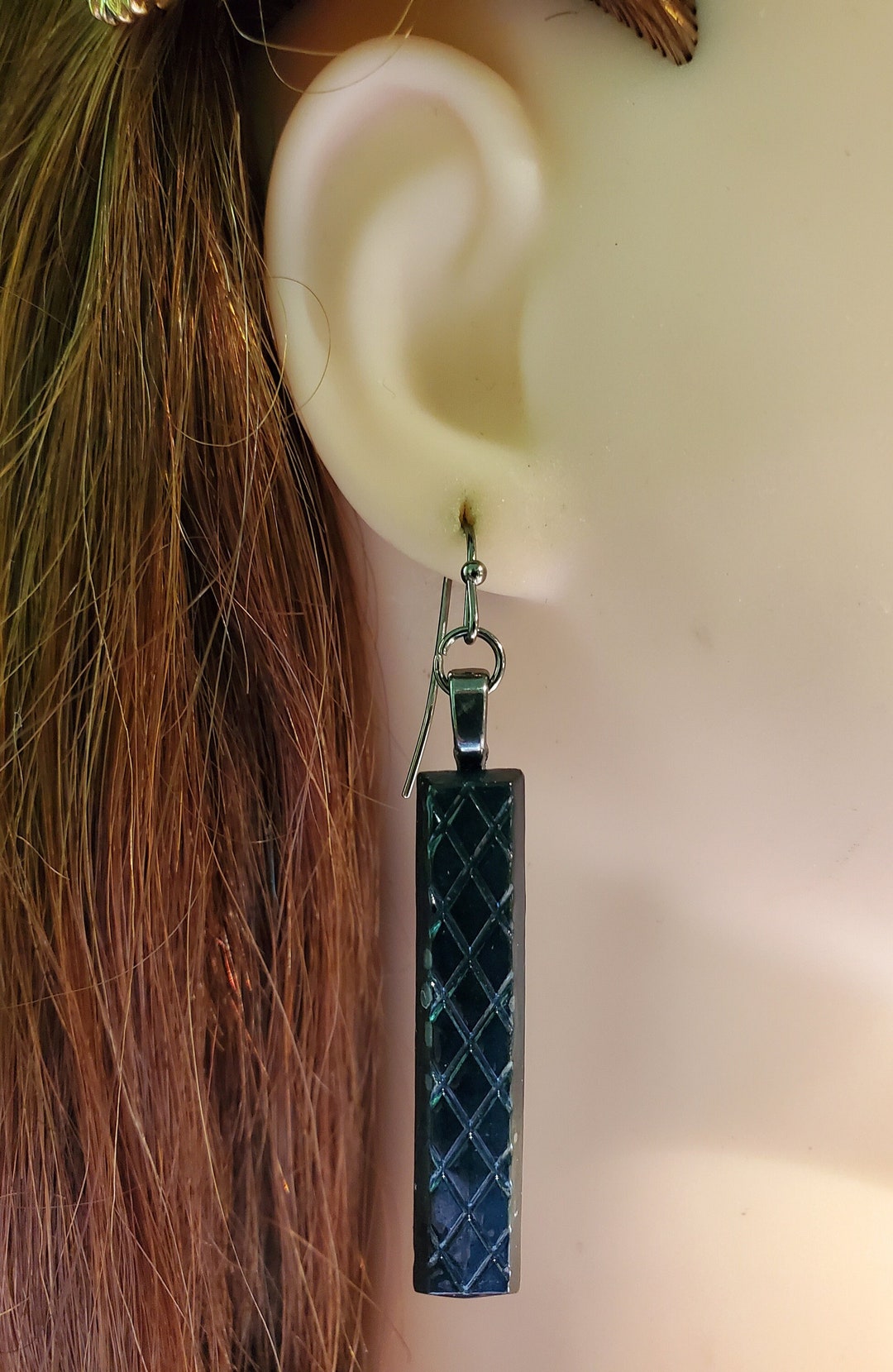 Slender Black Rectangle Earrings, Indented Crosshatch Pattern Over ...