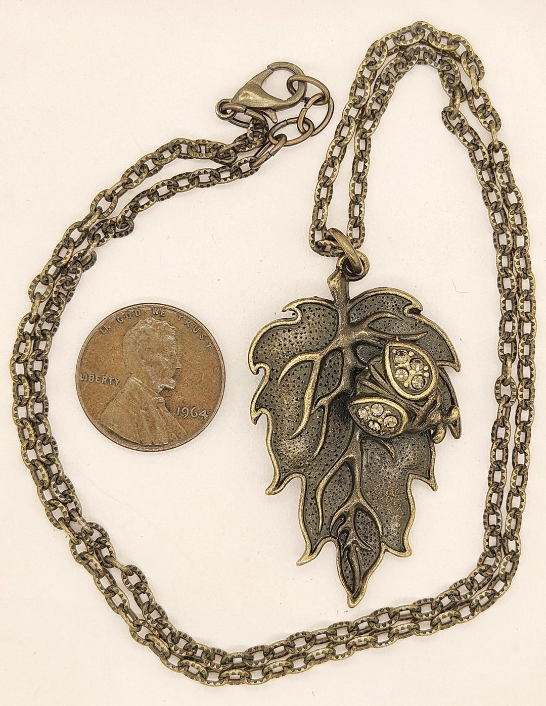 Antique Brass Leaf and Ladybug Pendant Necklace, Richly-detailed 3-D ...