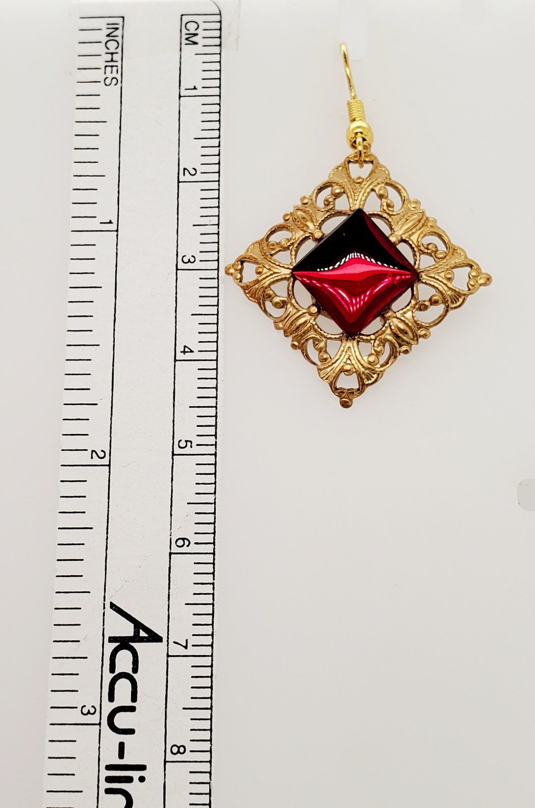 Luscious Ruby Square Earrings Have Dapped Ornate Brass Stampings With ...