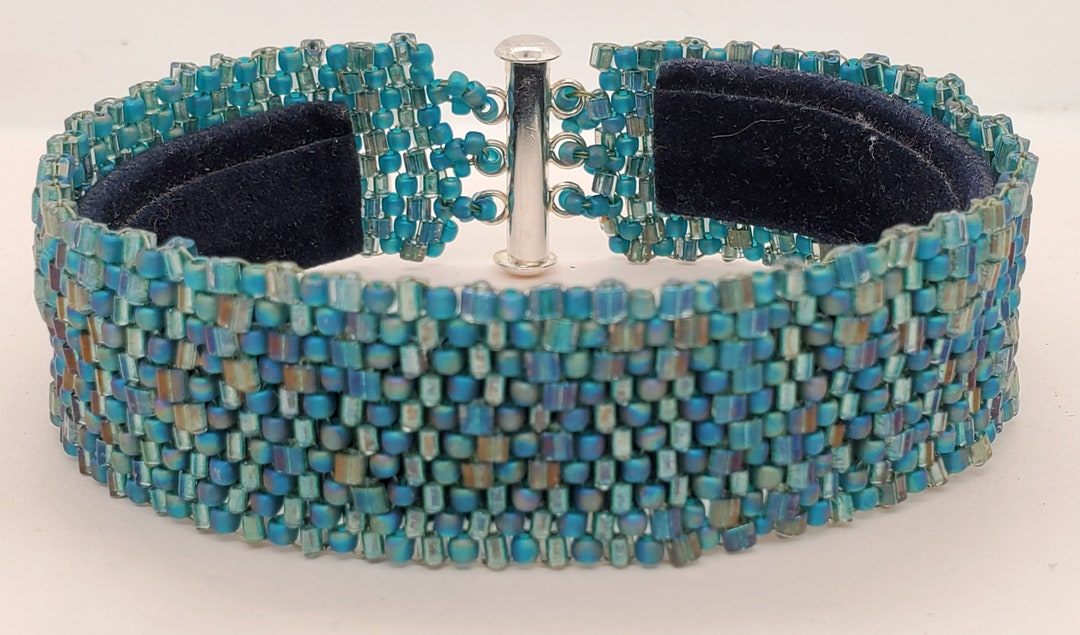 Teal Peyote Band Bracelet, Alternating Rows of Matte Seed Beads and ...