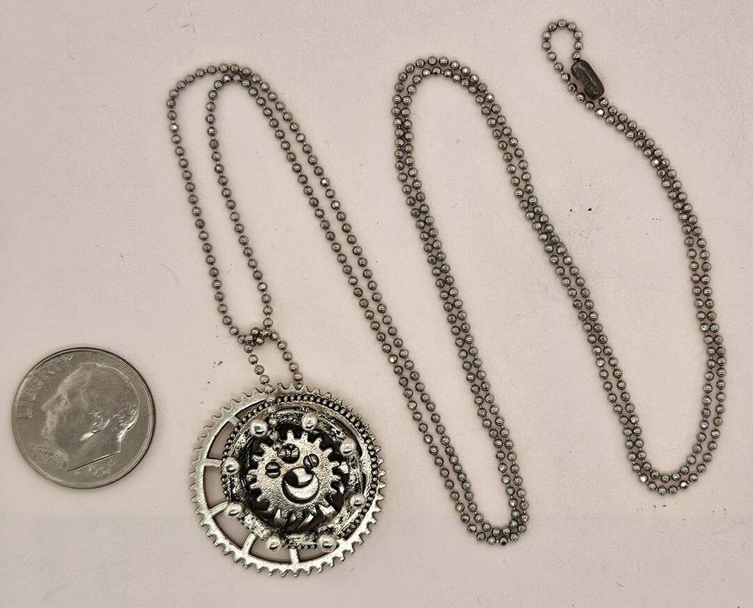 Crown and 3 Gears Antique Silver Finish Pendant Necklace, Ball Chain ...