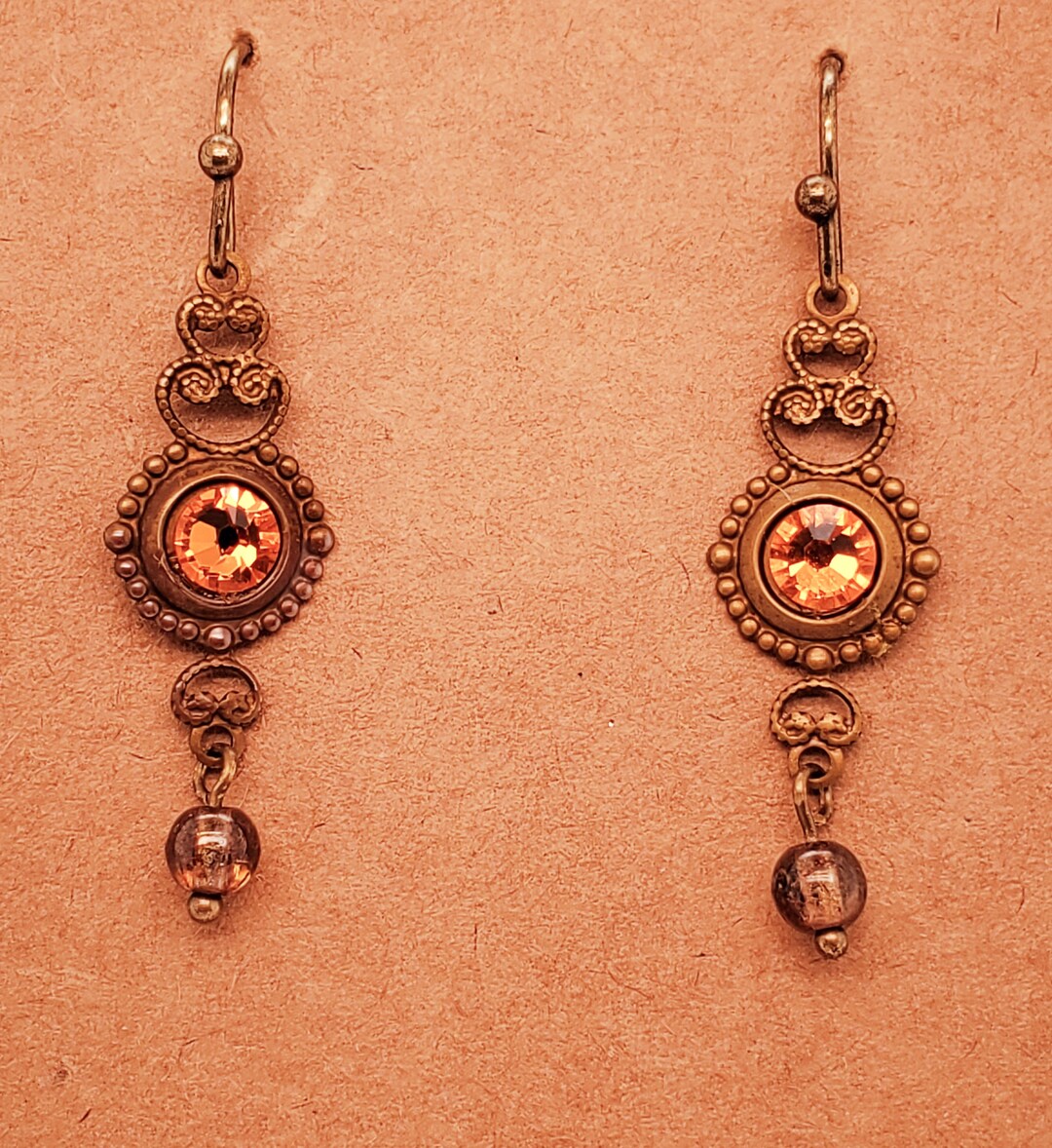 Orange Crystal Victorian Style Delicate Earrings, Antique Matte Gold ...