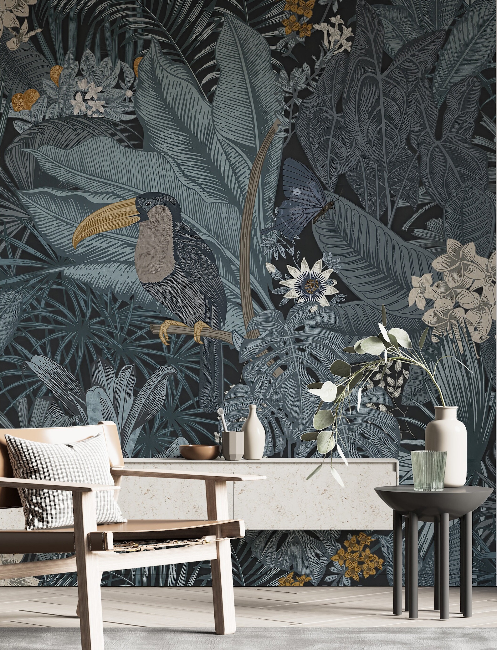 Toucan Tropical Wallpaper Mural With Dark Leaves and Peel Stick Mural ...