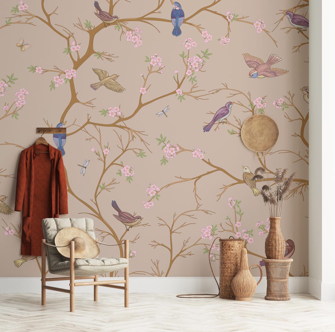 Bird and Floral Beige Botanical Wallpaper Mural - Peel and Stick Bird ...