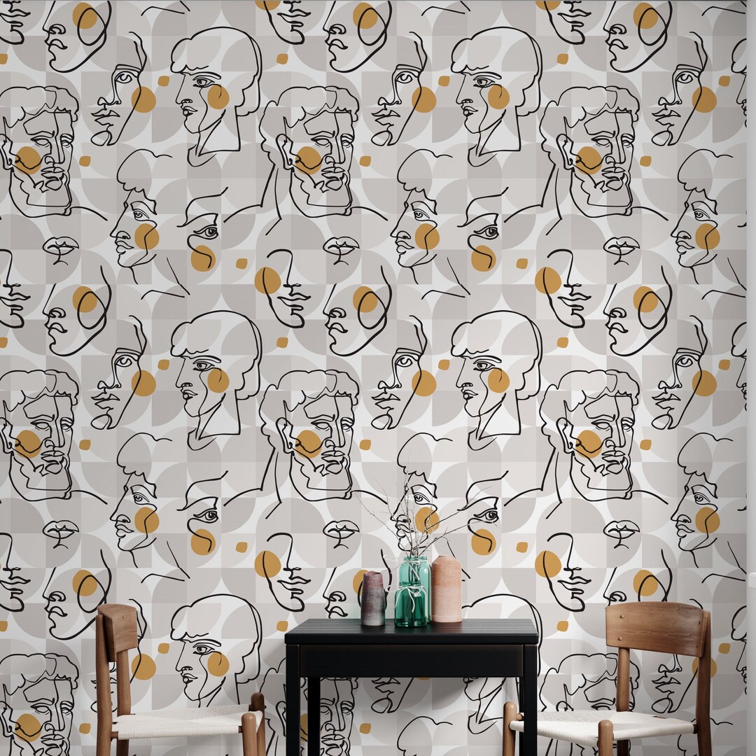 Modern Line Art Wallpaper: Human Faces, Peel and Stick Mural - Etsy
