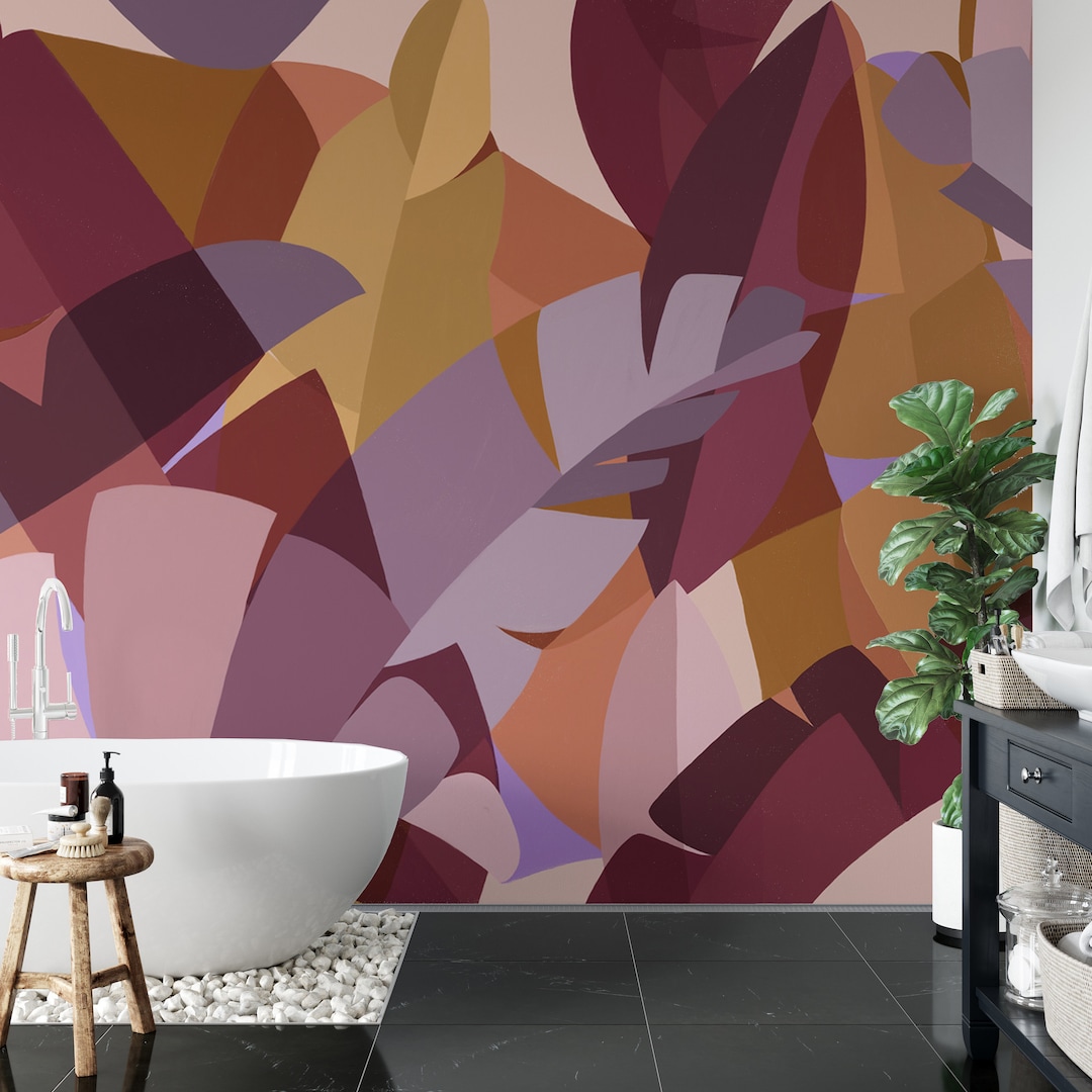 Pink Tropical Cubism Style Wallpaper Mural - Abstract Peel and Stick ...