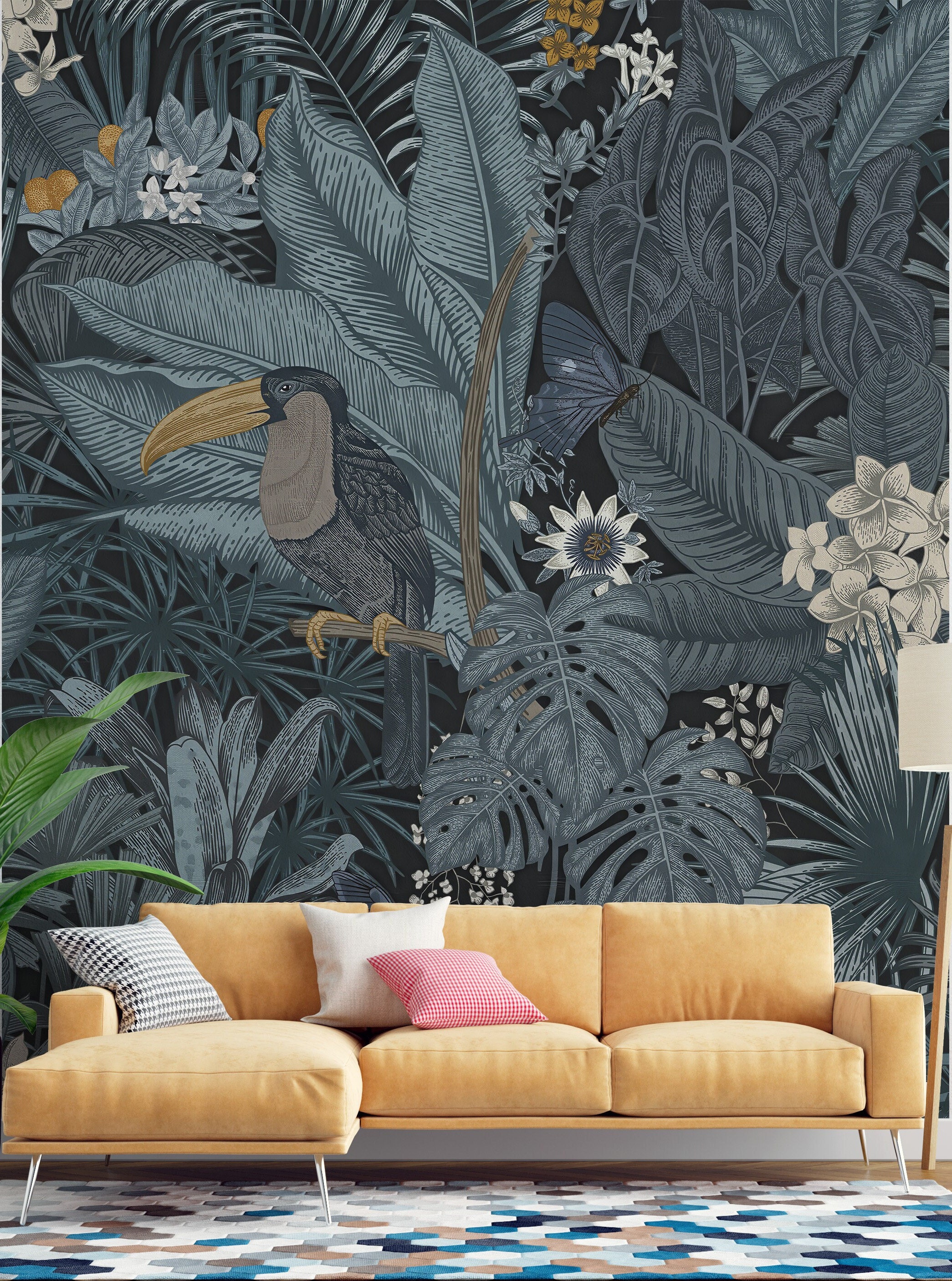 Toucan Tropical Wallpaper Mural With Dark Leaves and Peel Stick Mural ...
