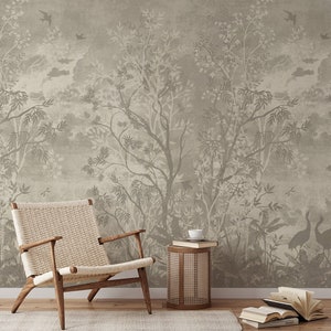 Sepia Color Nature Wallpaper Mural - Birds and Forest Wall Art | Peel ...