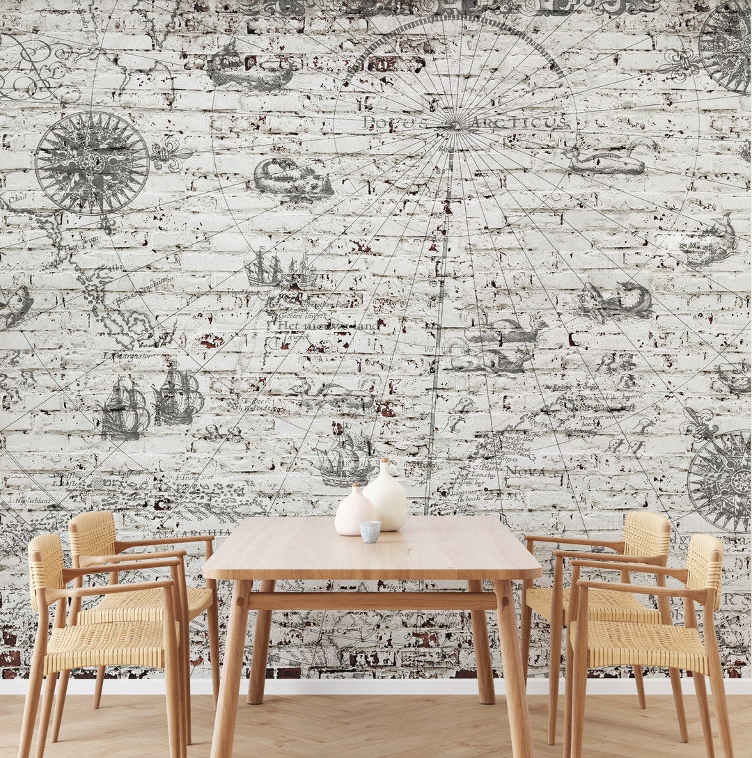 Vintage Sea Map and Rough White Brick Wallpaper - Nautical Chart Decor ...