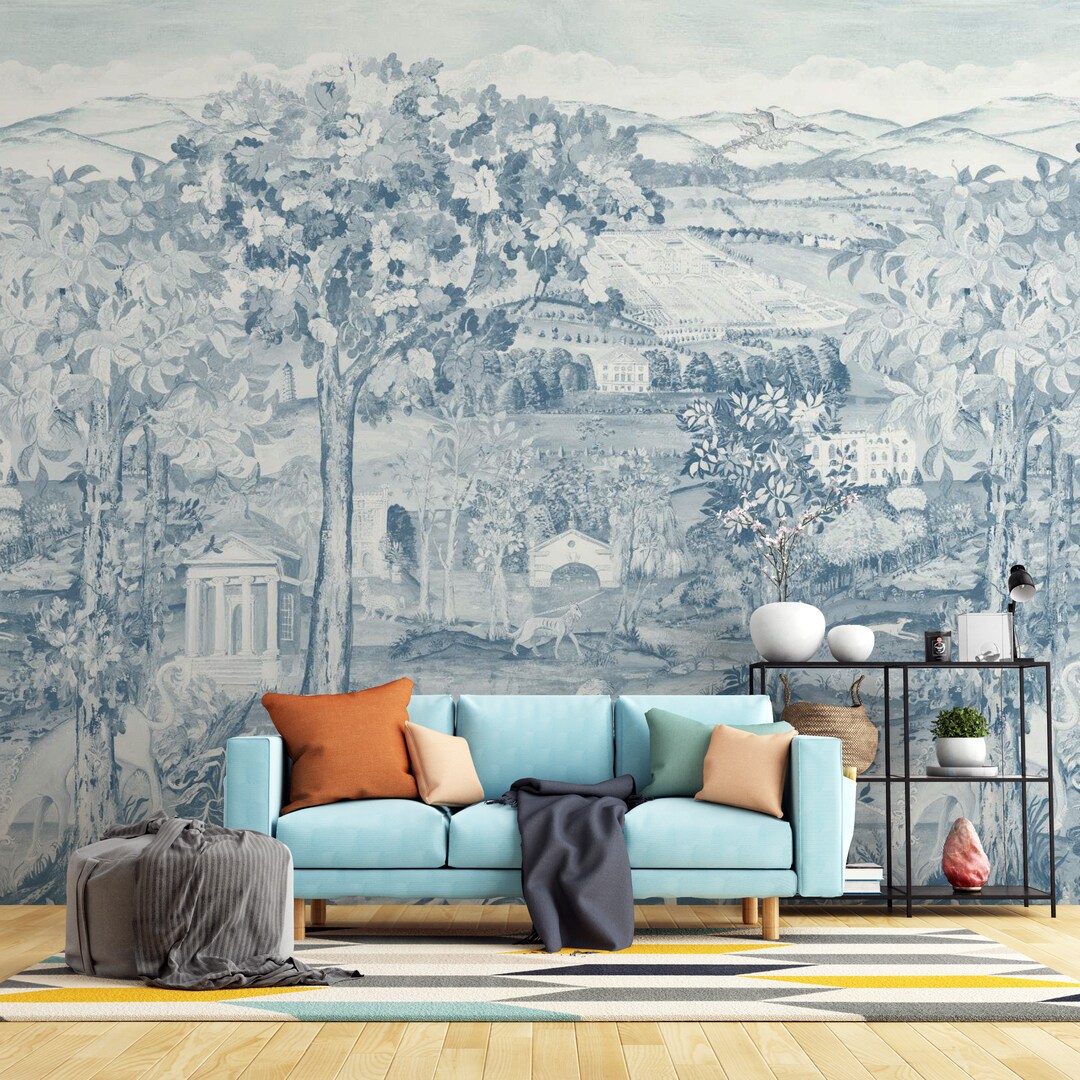 Elegant Countryside Wallpaper Mural - Classical Blue Peel and Stick ...