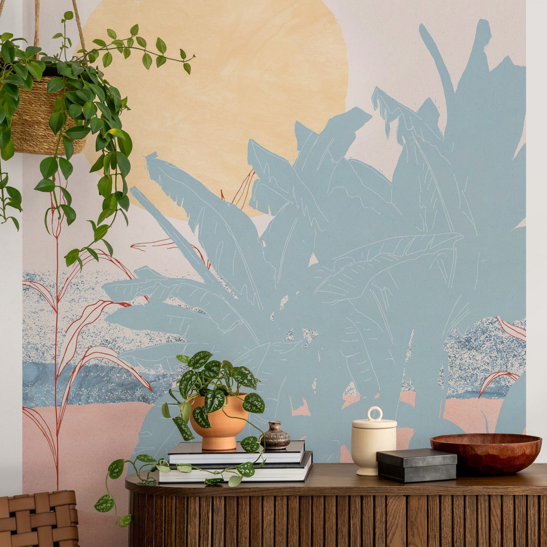 Tropical Wall Mural - Pastel Wallpaper With Leaves | Miami Moon Peel ...
