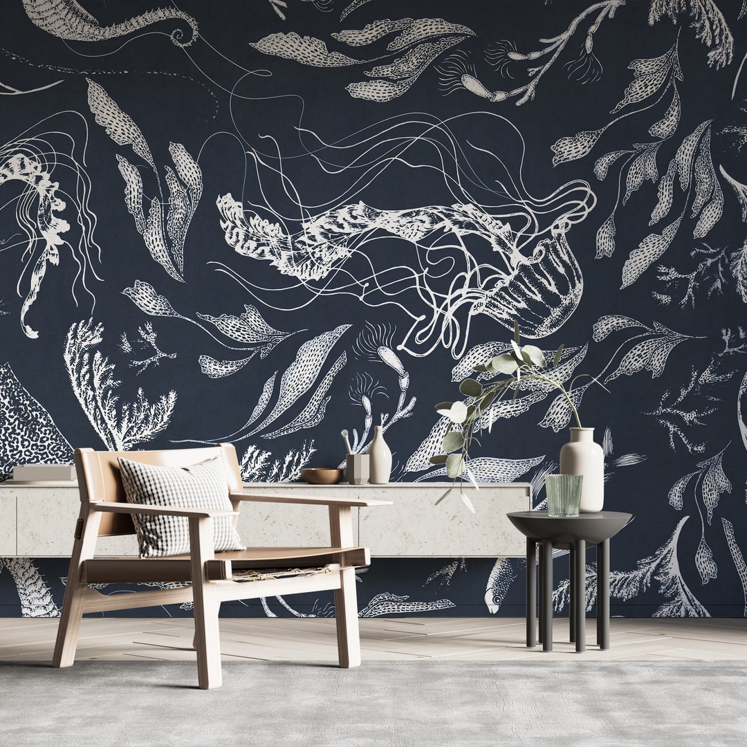 Navy Sea Life Wall Mural: Feanne Oceanic Elegance Wallpaper - Etsy