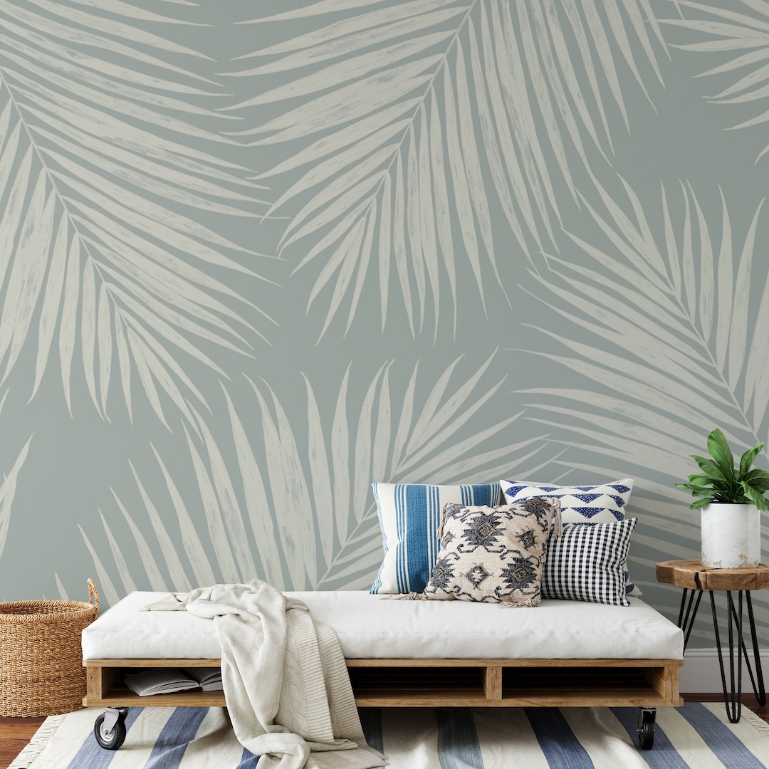 Tropical Palm Leaf Wallpaper Mural - Illustrated Leaf Wallpaper - Peel ...