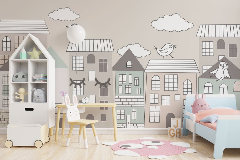Children Wallpaper Cute Houses Removable Wallpaper Peel and Stick Kids ...