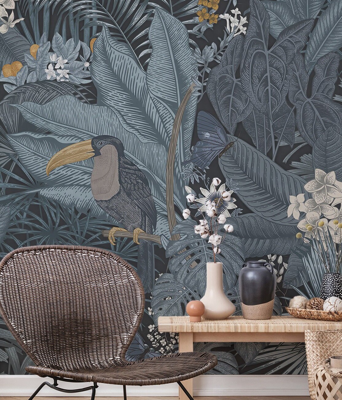 Toucan Tropical Wallpaper Mural With Dark Leaves and Peel Stick Mural ...