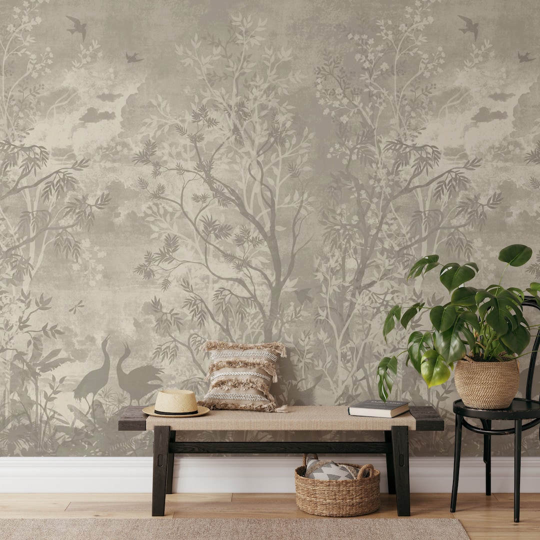 Sepia Color Nature Wallpaper Mural - Birds and Forest Wall Art | Peel ...