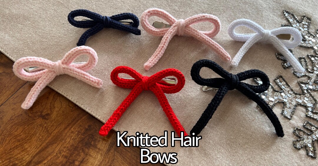 Knitted Hair Bow, 2 Pack, Homemade Knit Hair Bow, Knit Hair Clip, Hair ...