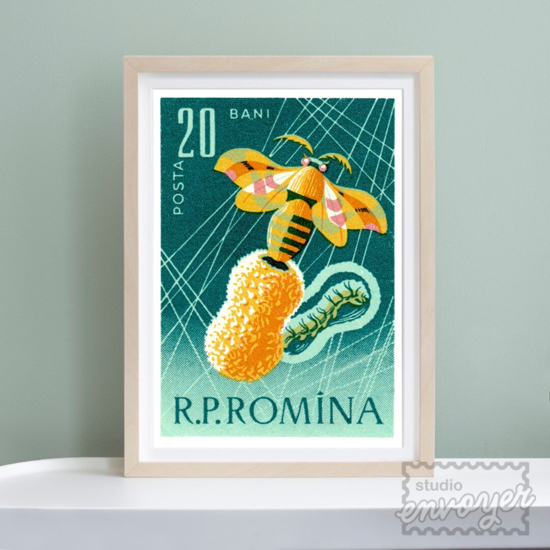Retro Bee Print | 1960's Stamp Art Poster | Vintage Yellow Green Teal ...