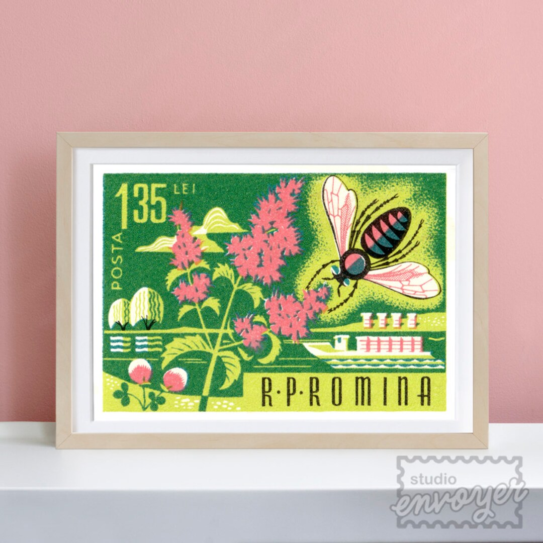 Retro Bee Print | 1960's Stamp Art Poster | Vintage Pink Green ...