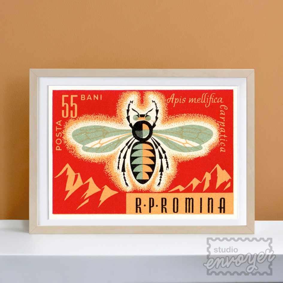 Retro Bee Print | 1960's Stamp Art Poster | Vintage Yellow Red ...