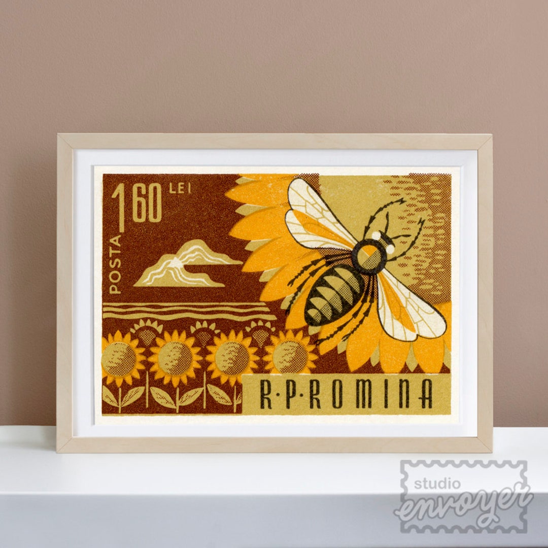 Retro Bee Art Print | 1960's Stamp Poster | Autumn Fall Decor | Vintage ...