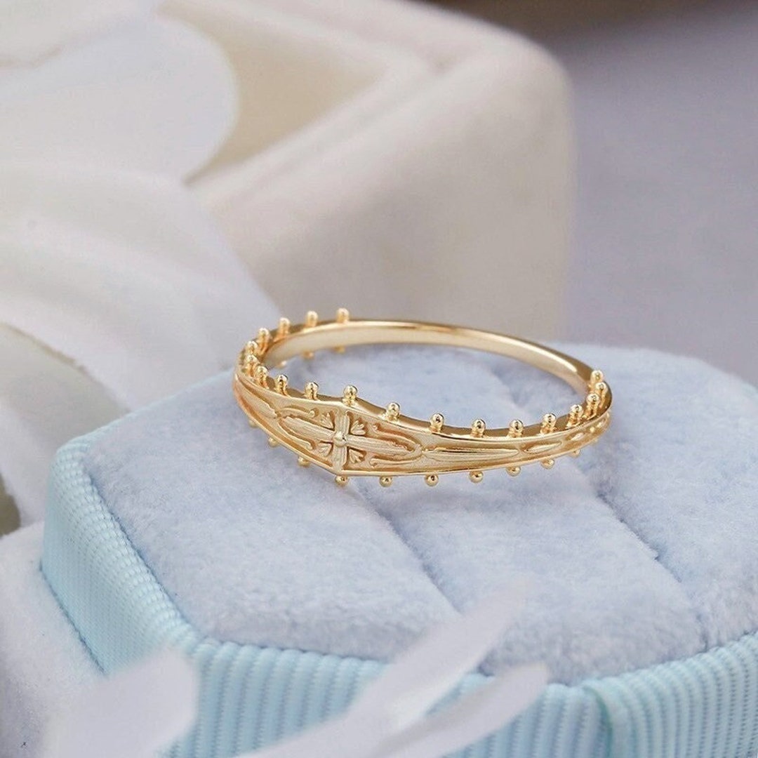 14K Gold Plated Cross Emboss Crown Ring Sterling Silver Badge - Etsy