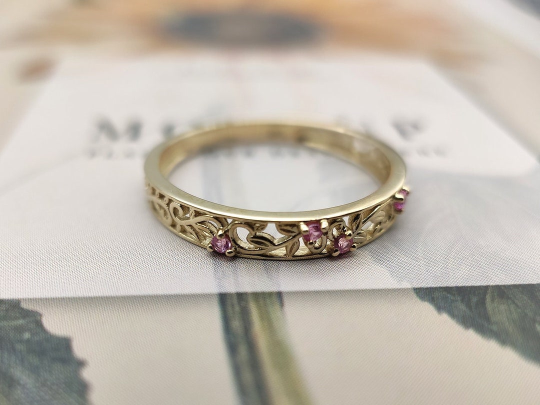 9K Solid Gold Ruby Vine Ring, Gold Leaf Ring, Vintage Wedding Band ...