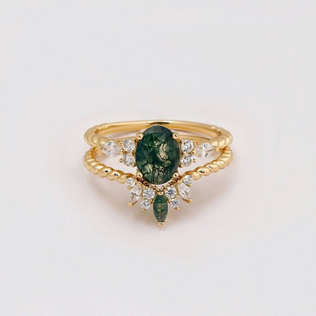 Gorgeous 14K Gold Vermeil Green Moss Aagte Ring Set, Sterling Silver ...