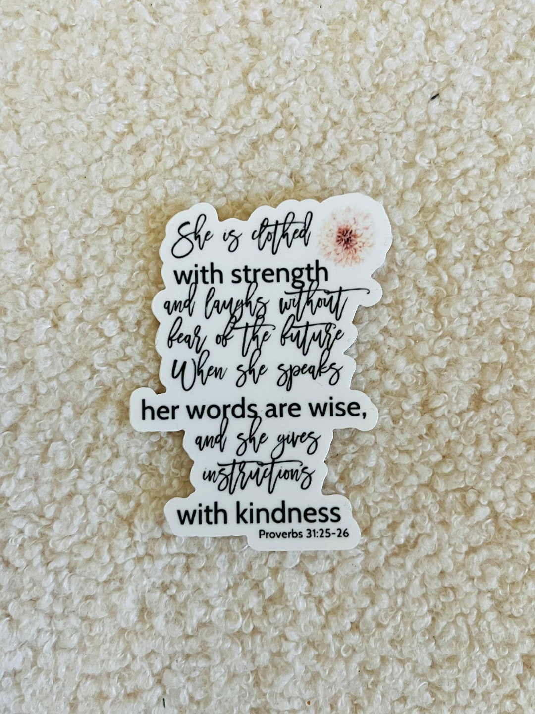 Bible Verse Sticker - Proverbs 31:25-26 With Pink Flower | Transparent ...