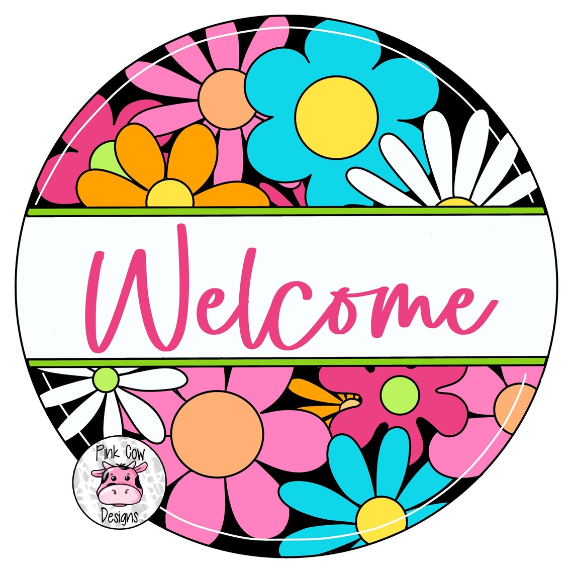 TEMPLATE: Welcome-colorful Flowers-round-door Hanger-digital - Etsy