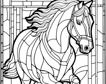 Stained Glass Horse Coloring Book Page Instant Download Digital ...