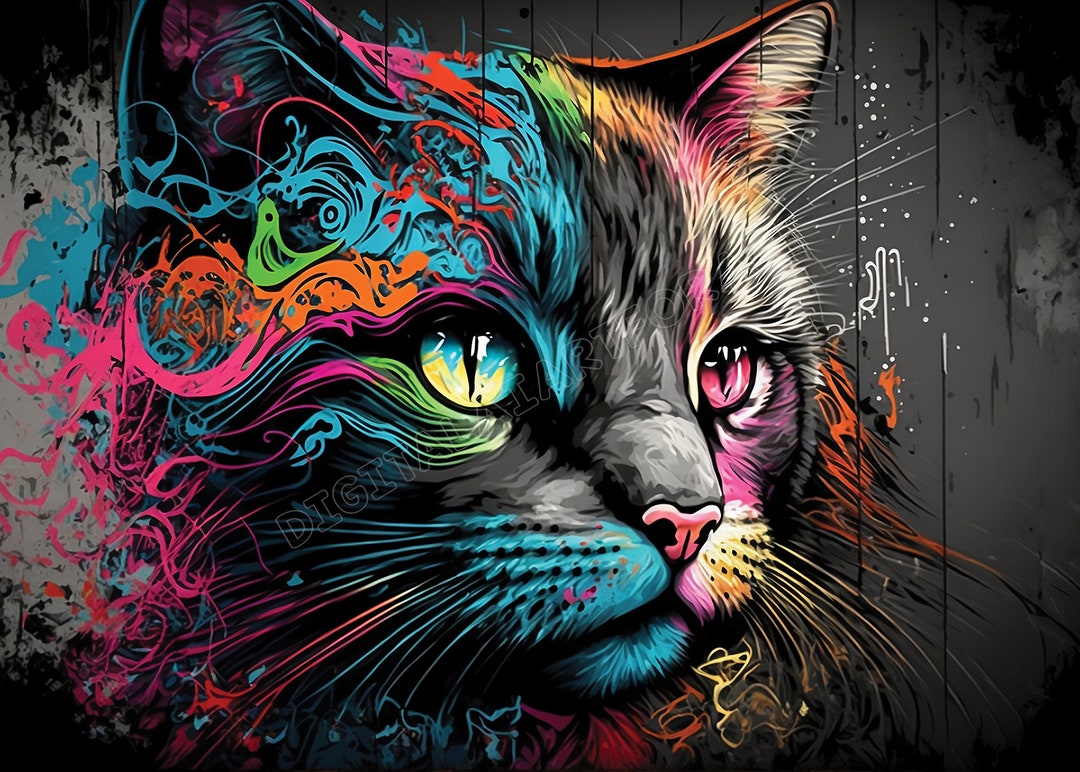 Striped Cat Graffiti Wall Art - Printable Poster, Instant Digital ...