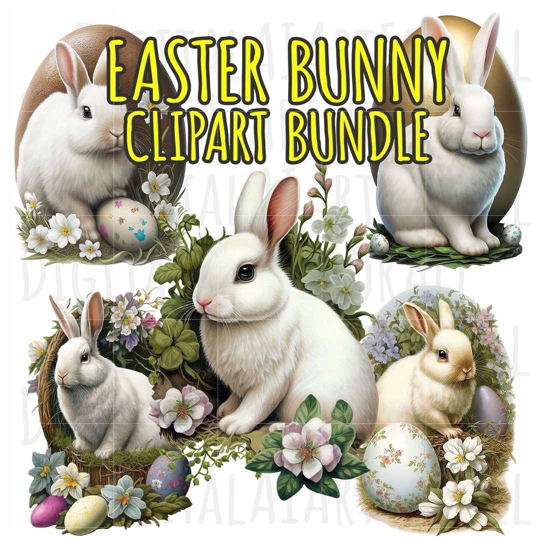 Bundle of 5 Easter Bunny Clipart Images, White Rabbit, Bunny Rabbit ...