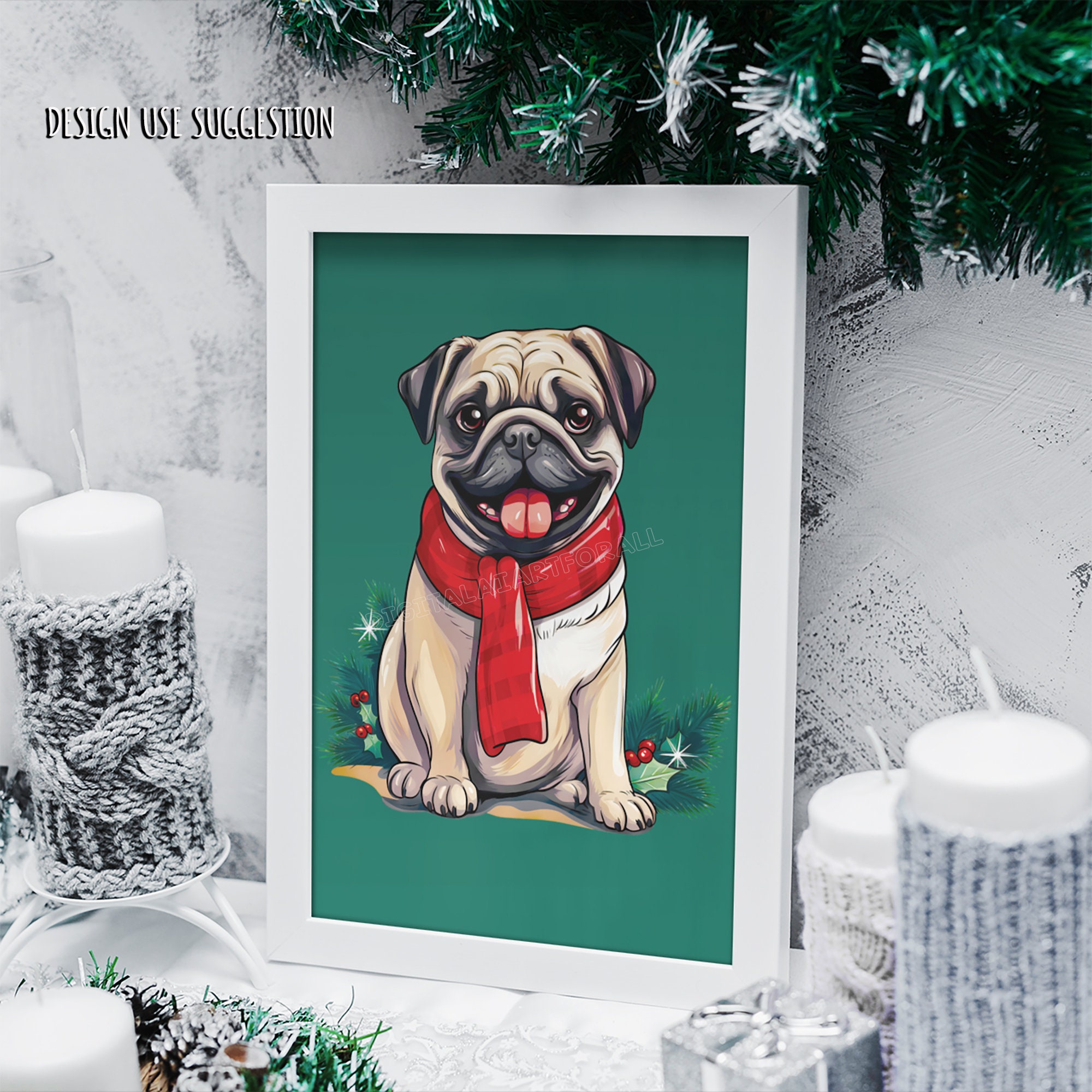 Christmas Smiling Pug Clip Art, Instant Download, Digital Graphics ...