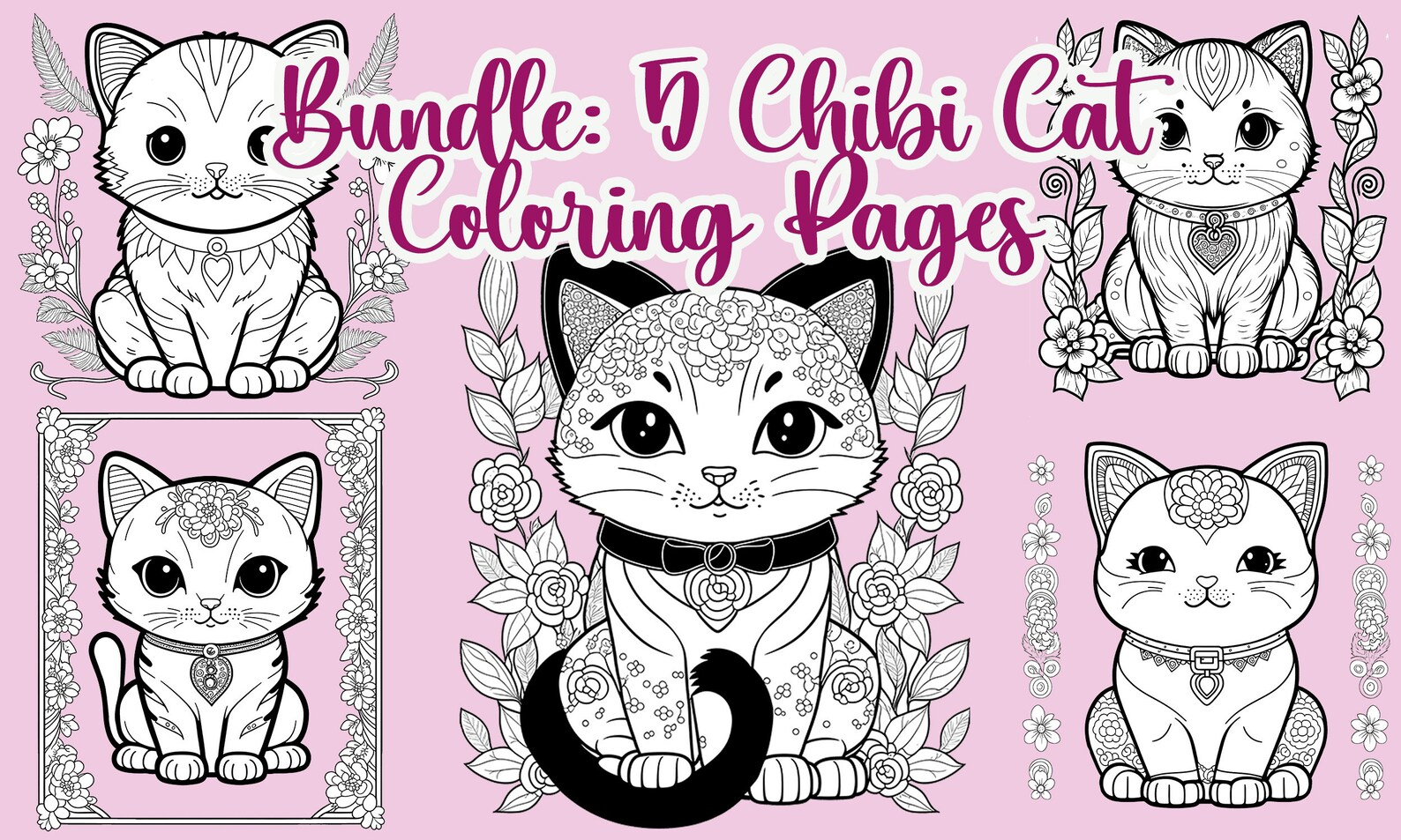 Bundle: 5 Chibi Cat Coloring Book Pages, Instant Download Digital ...