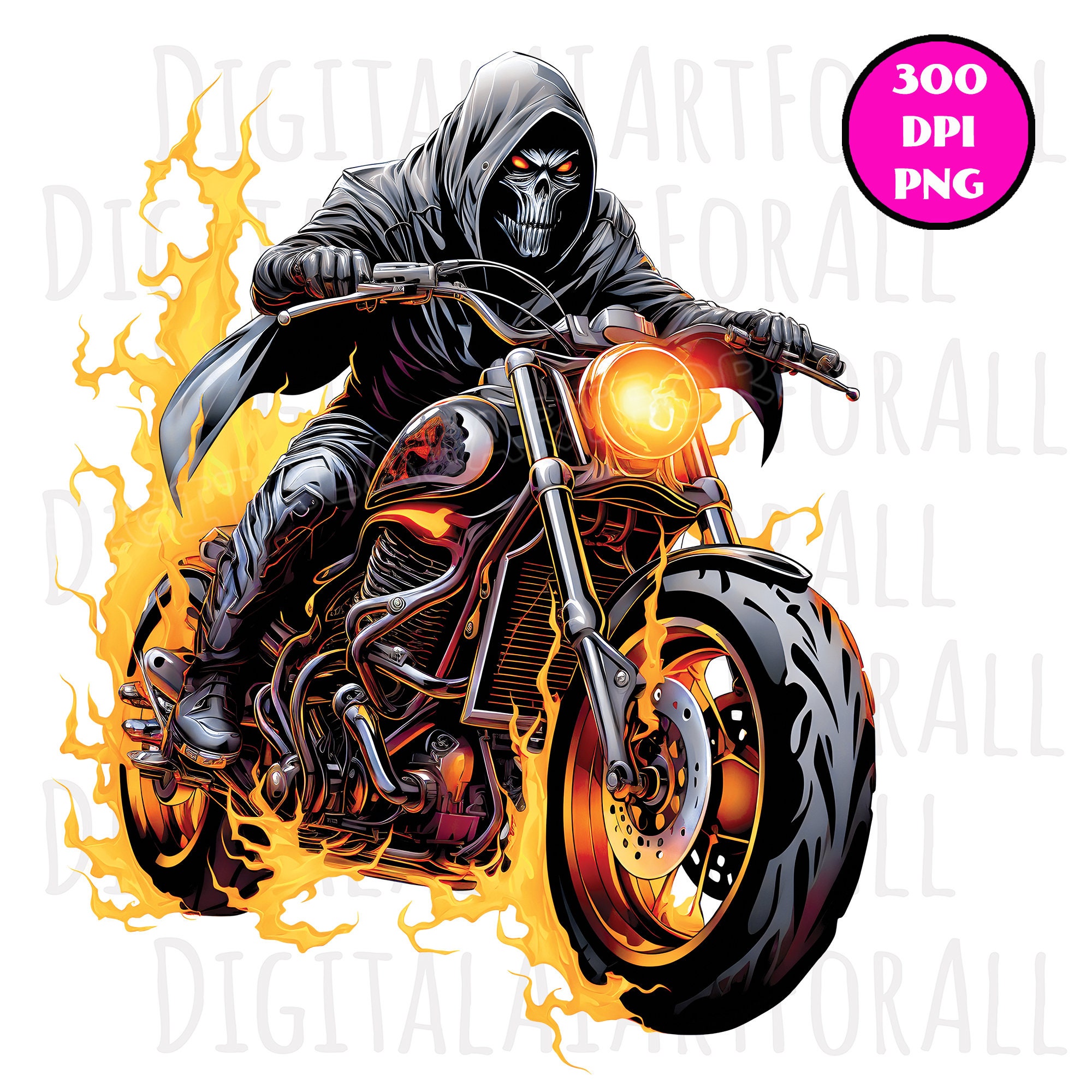 Grim Reaper Skull on a Flaming Motorcycle, Instant Download Digital ...