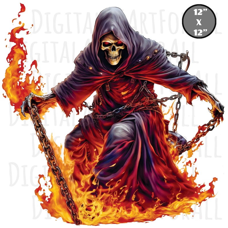 Grim Reaper Skull Chained in Flames, Instant Download, Digital Graphics ...