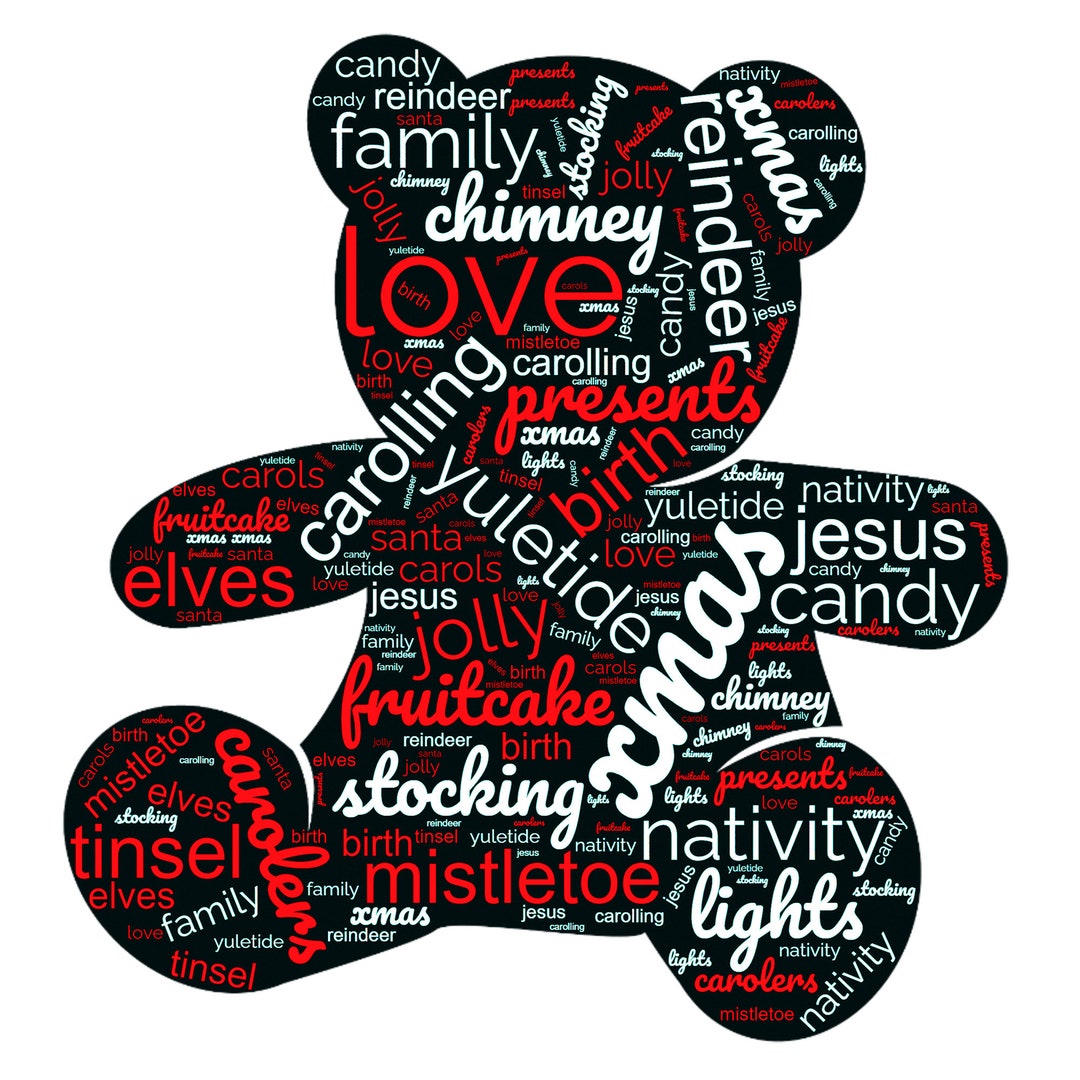 Christmas Teddy Bear Word Cloud - Printable, Digital Artwork Download ...
