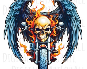 Outlaw Biker Skull, Flaming Wings, Instant Download, Digital Graphics ...