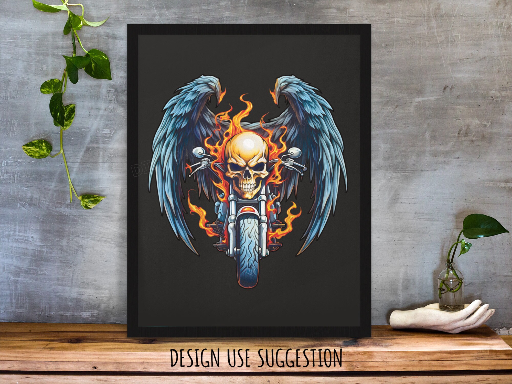 Flaming Winged Biker Skull on Motorcycle, Instant Download, Digital ...