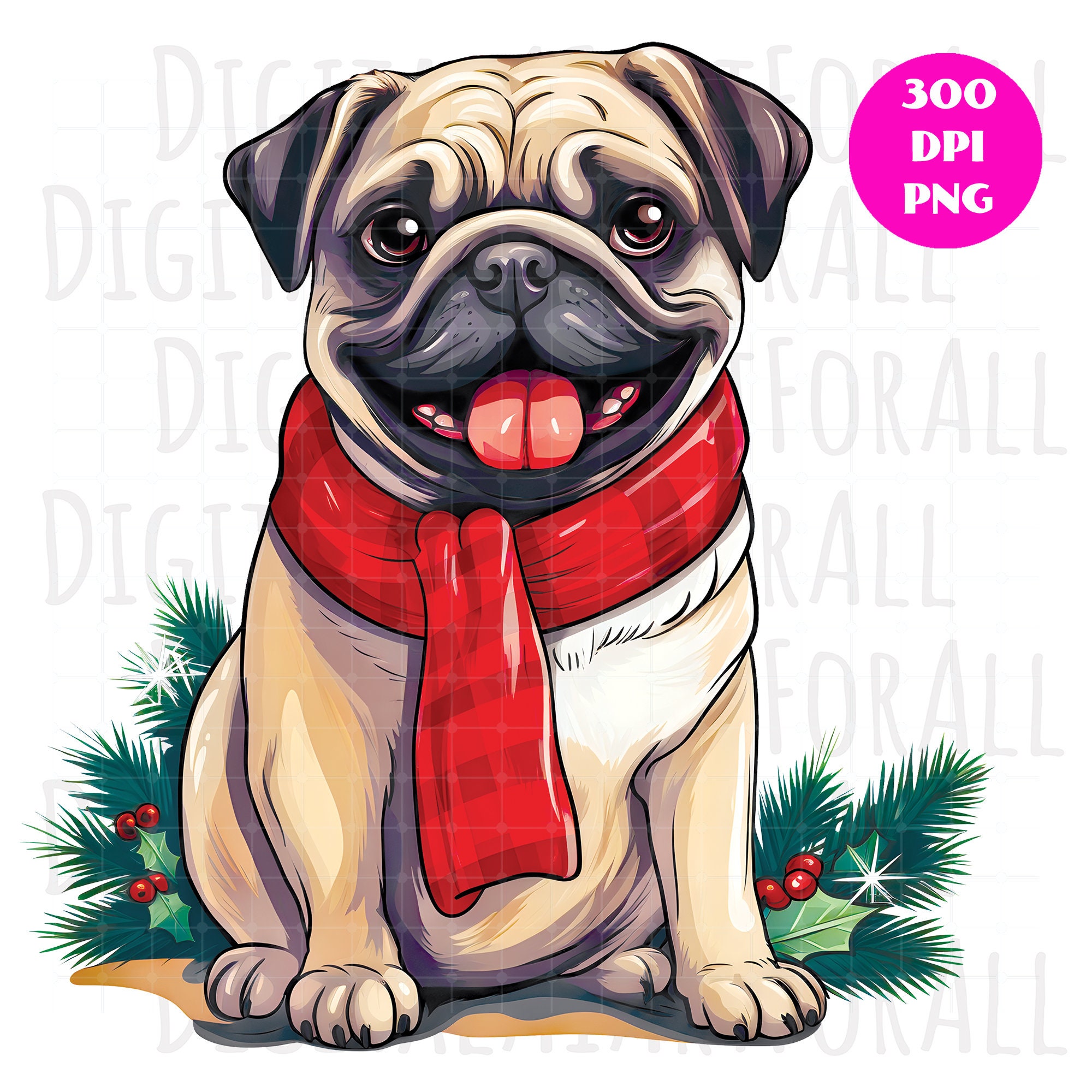 Christmas Smiling Pug Clip Art, Instant Download, Digital Graphics ...