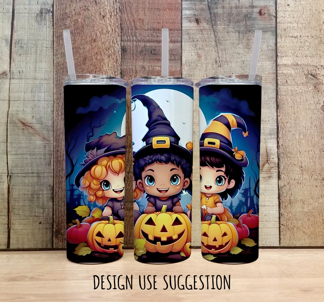 20oz Skinny Tumbler Wrap, Cute Chibi Witches and Pumpkins, Instant ...
