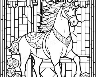 Stained Glass Horse Coloring Book Page | Instant Download Digital ...