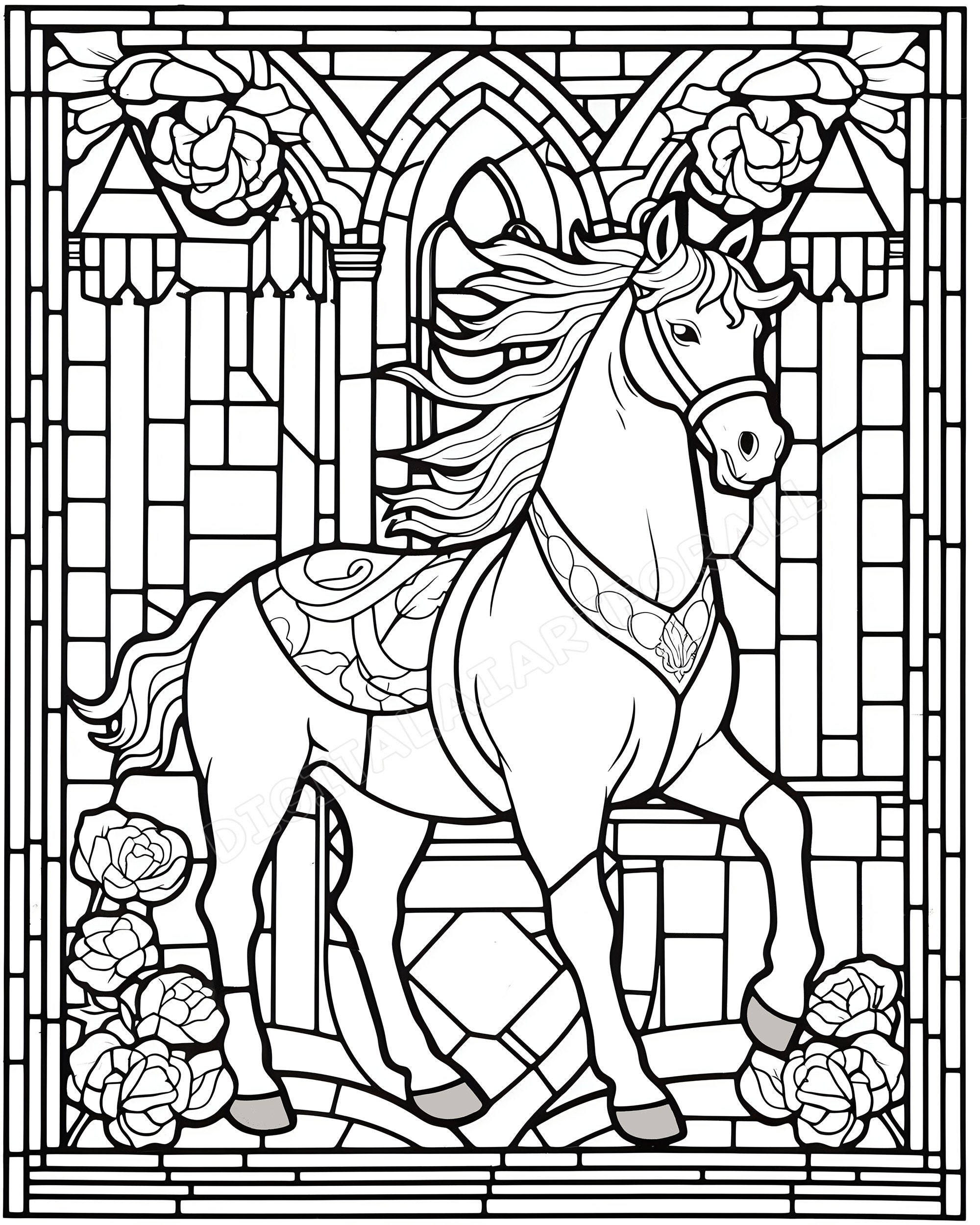Stained Glass Horse Coloring Book Page | Instant Download Digital ...