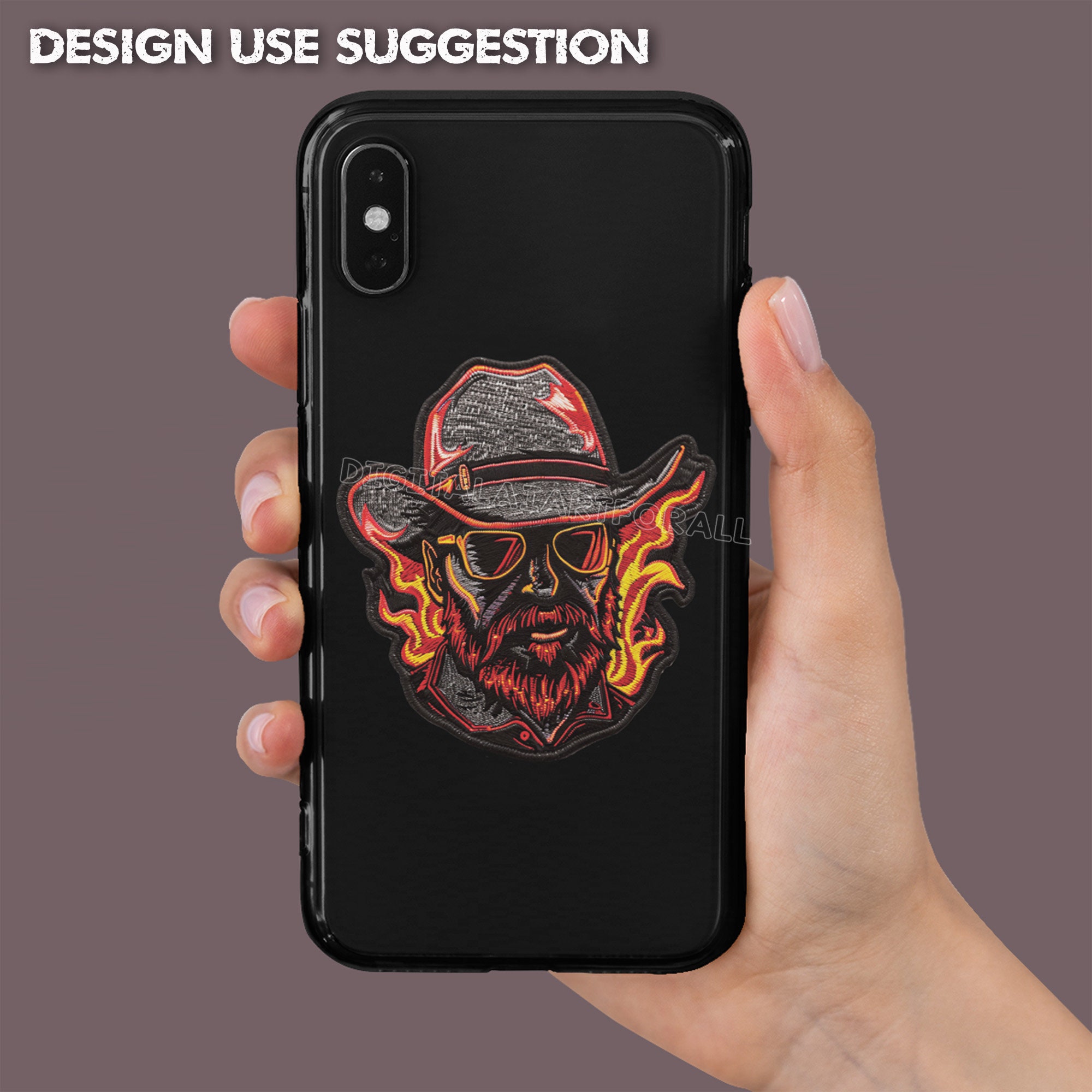 Flaming Cowboy Faux Embroidery Look, Instant Download, Digital Graphics ...