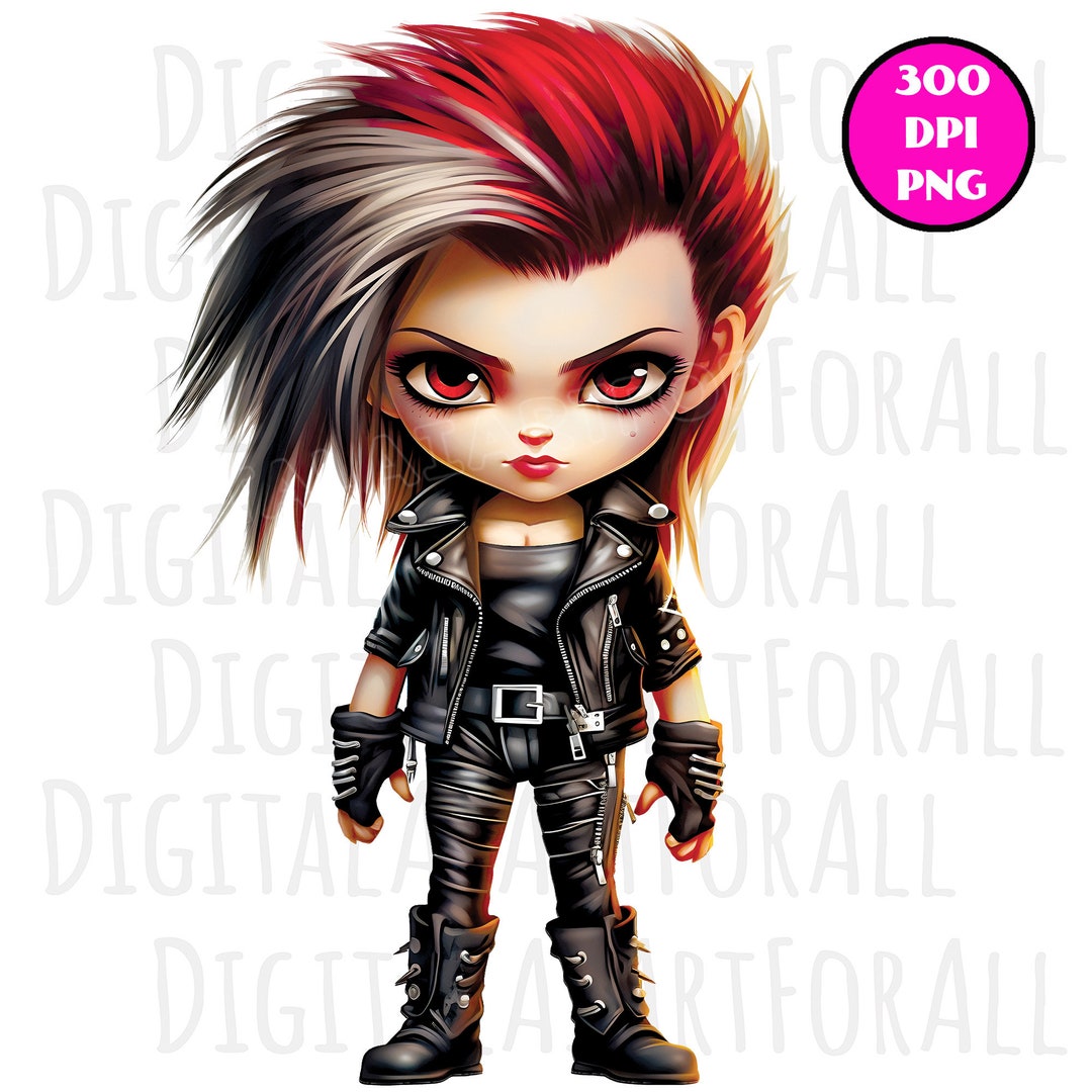 Chibi Punk Girl in Black Leather | Instant Download Digital Graphics, Sublimation Printing, T ...