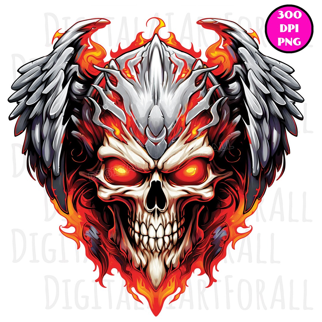 Flaming Biker Skull, Human Skull, Winged, Instant Download, Digital ...