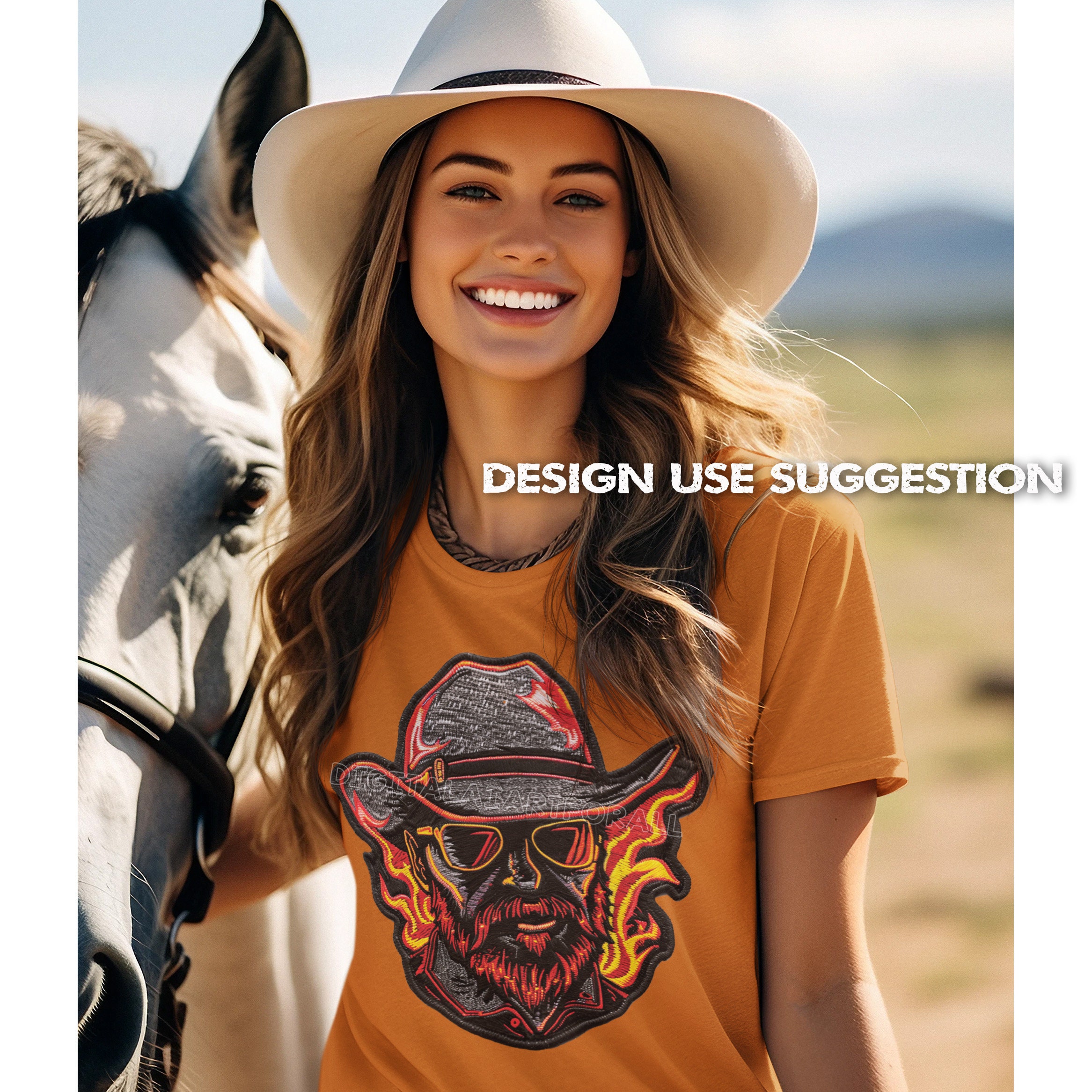 Flaming Cowboy Faux Embroidery Look, Instant Download, Digital Graphics ...